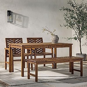 Walker Edison 7 Person Outdoor Wood Chevron Patio Furniture Dining Set Table Chairs Bench All Weather Backyard Conversation Garden Poolside Balcony, 6 Piece, Dark Brown