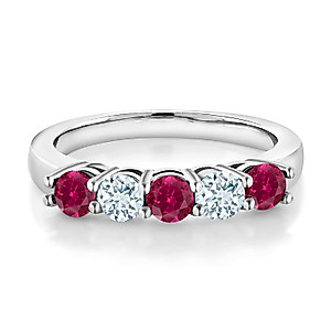 Gem Stone King 925 Sterling Silver Red Created Ruby and Sky Blue Aquamarine 5-Stone Wedding Anniversary Band Ring For Women (1.09 Cttw, Gemstone July Birthstone, Available In Size 5, 6, 7, 8, 9)