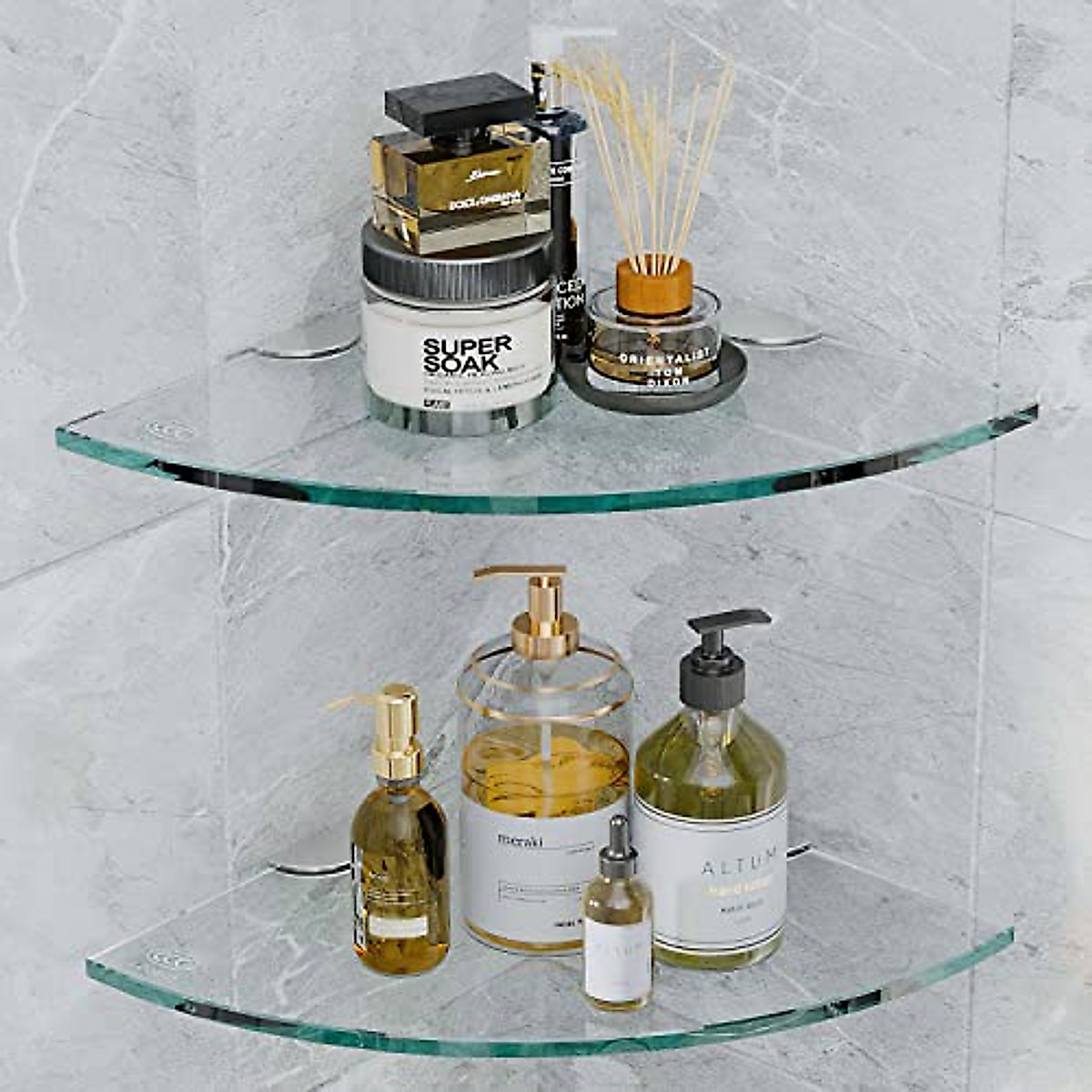 AlaKong Set of 4 Bathroom Corner Glass Shelf Tempered Glass Shelves for Shower Wall Corner Caddy Basket Triangle Wall Shower Shelf Shampoo Bottle Holder No Drilling Adhesive Wall Mount Bathroom Shelf