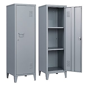 PEUKC Metal Storage Locker, 50" Tall Locker Storage Cabinet for Employees, 3-Tier Storage Cabinet Locker with Lock and Keys for School, Gym, Home, Office Staff (Retro, Assemble Required)