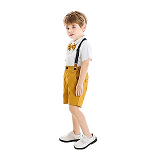 Moyikiss Studio Toddler Boys Clothes Short Sleeve Bowtie Shirt+Straps Shorts Outfits Suits Gentleman Tuxedos (Yellow, 80/12-18M)