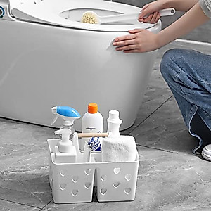 Anyoifax Portable Shower Caddy Plastic Basket with Wood Handle Divided Shower Tote Storage Organizer with Compartments for Bathroom, College Dorm, Kitchen, Bedroom - White