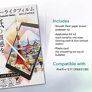 BELLEMOND - 2 PACK - Made in Japan Smooth Kent Paper Screen Protector for iPad Pro 12.9" 6th / 5th / 4th / 3rd Gen (2022/21/20/18) - Reduces Pencil Tip Wear by up to 86% - WIPD129PLK(2)