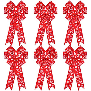 6 Pieces Valentine's Day Bows Decoration 5.9 x 11.8 Inches Red and White Heart Printed Bow for Valentine's Day Crafts DIY Bow Decoration