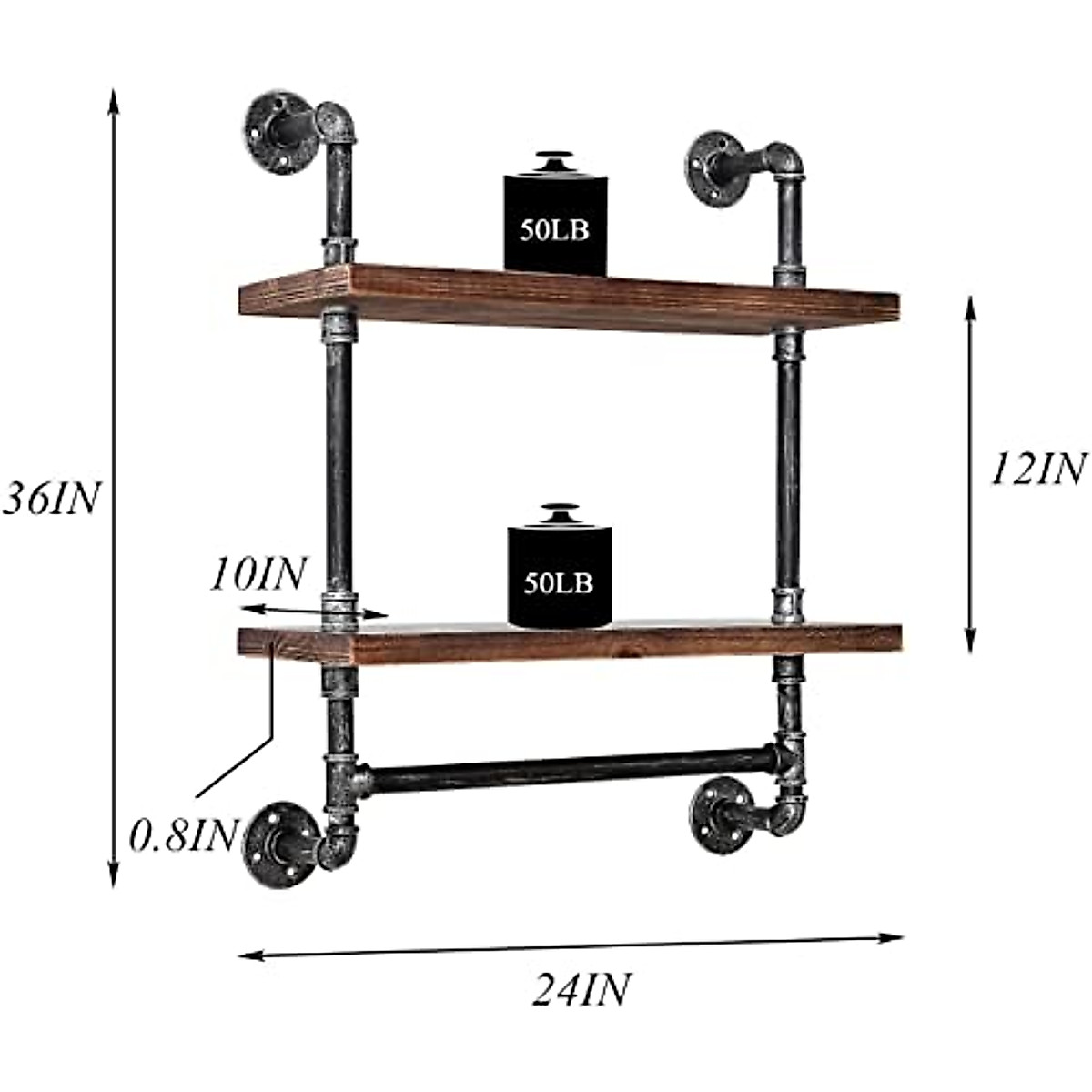 Industrial Bathroom Shelves Rustic Wood Shelves with Towel Bar 24" Farmhouse Shelf for Wall Pipe Shelving-2 Layer