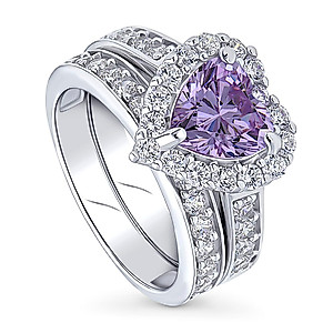 BERRICLE Sterling Silver Halo Wedding Engagement Rings Purple Cubic Zirconia CZ Statement Heart Ring Set for Women, Rhodium Plated Size 9