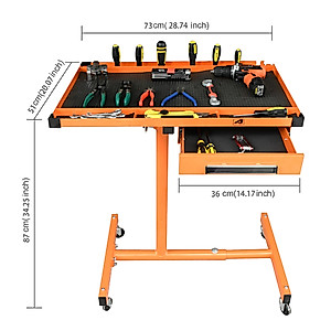 Aain LT18 Heavy Duty Adjustable Work Table with Drawer for Mechanic,220lbs Capacity Rolling Tool Tray Table with Wheels Orange
