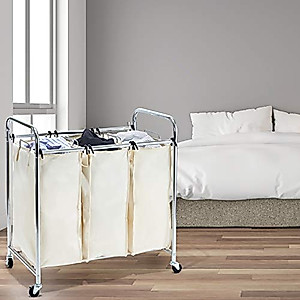 Seville Classics Laundry Hamper Sorter Cart Mobile Premium 3-Bag Heavy-Duty, Chrome