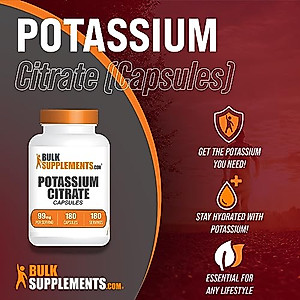 BulkSupplements.com Potassium Citrate Capsules - Potassium Supplement, Potassium Citrate 99mg - Potassium Citrate Supplement, Potassium Pills - 1 Capsule per Serving, 180-Day Supply, 180 Capsules