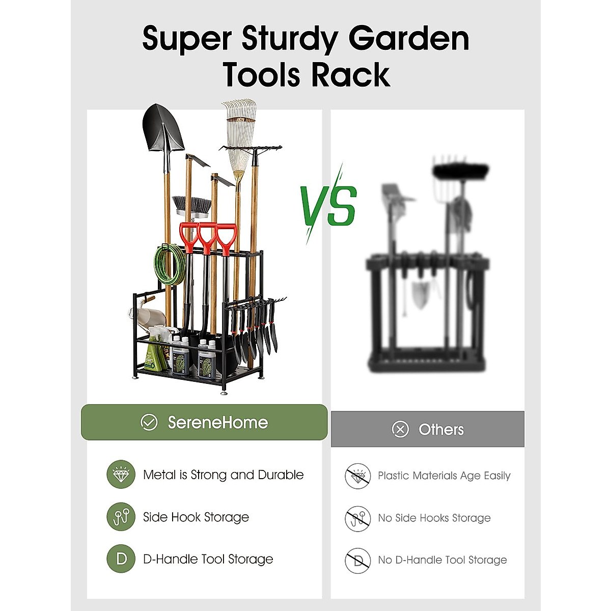 SereneHome Garden Tool Organizer – Heavy-Duty Carbon Steel Storage Rack for Garage, Shed & Yard – Rust-Resistant, Holds 100+ lbs of Garden & Lawn Tools – Black
