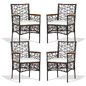 Tangkula Set of 4 Outdoor Dining Chairs, Patiojoy All-Weather PE Wicker Patio Bistro Chairs with Acacia Wood Armrests and Soft Cushions, Outdoor Armchairs for Porch, Garden, Poolside and Backyard