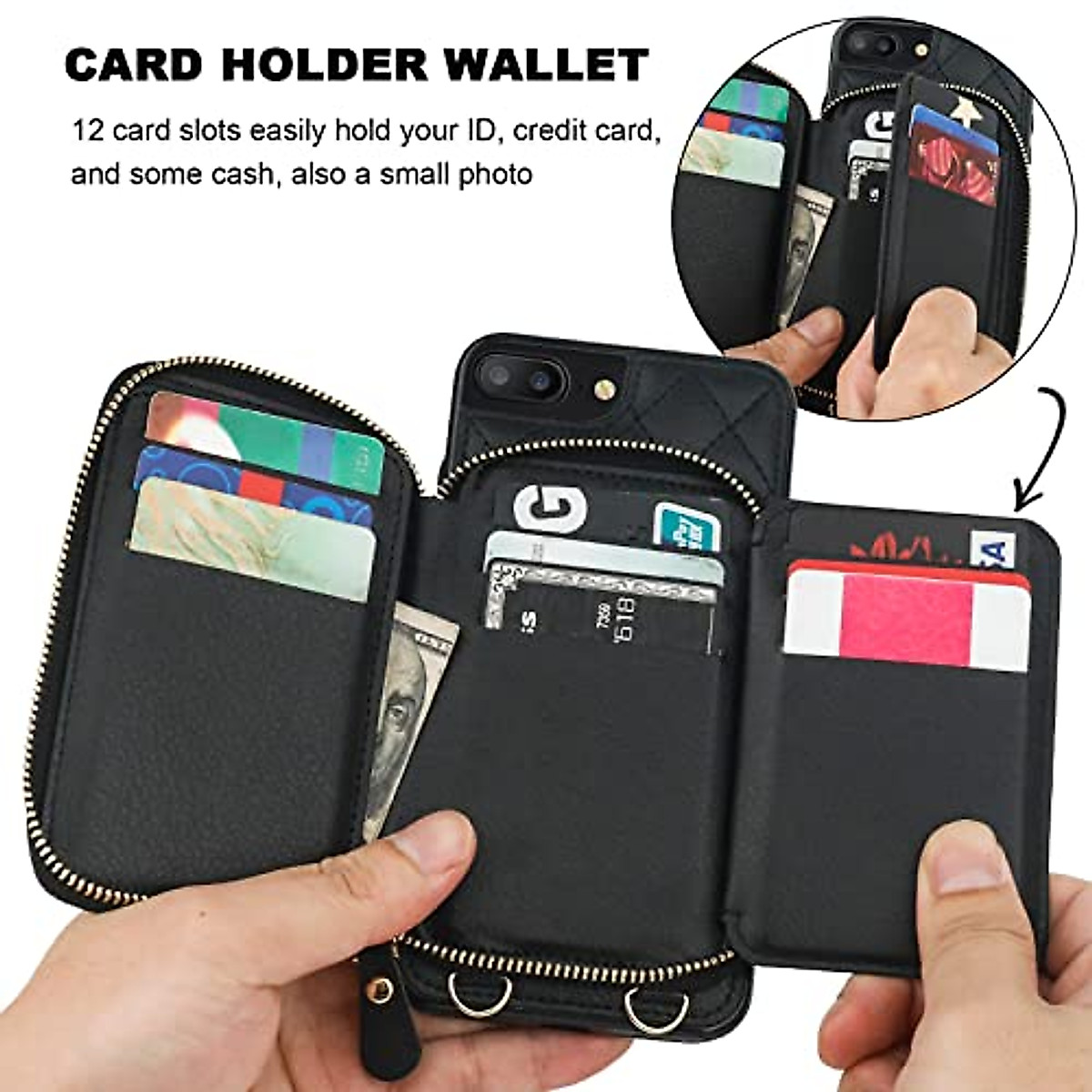 Bocasal Crossbody Wallet Case for iPhone 7/8 Plus, RFID Blocking PU Leather Zipper Handbag Purse Flip Cover, Kickstand Folio Case with Card Slots Holder Wrist Strap Lanyard 5.5 Inch (Black)