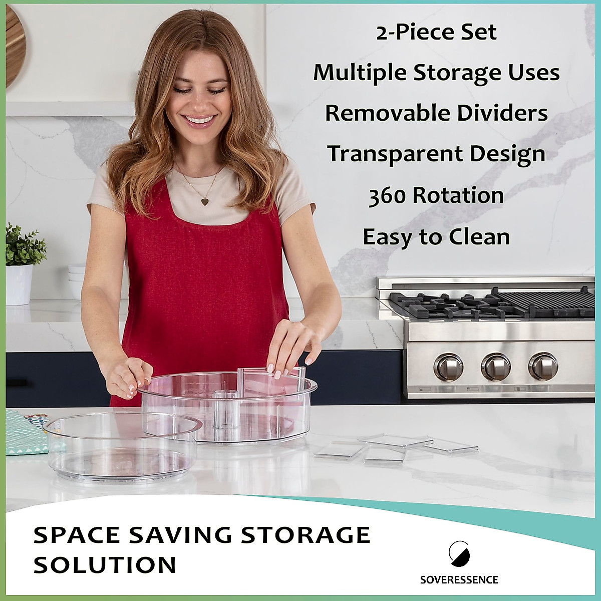 Clear Lazy Susan Organizer 12" & 9" Set - Lazy Susan for Refrigerator, Turntable for Cabinet with Removable Dividers, 12 Inch Pantry Lazy Susan, Plastic Turntable Organizer Solution - by Soveressence