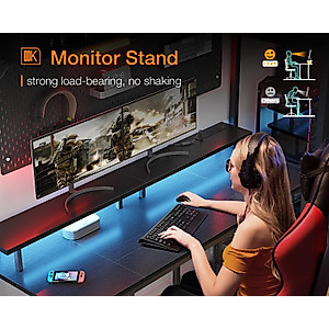 ODK 55 inch Gaming Desk with LED Lights & Power Outlets, Computer Desk with Monitor Stand & Storage Sheves, CPU Stand, Home Office Desk, Black