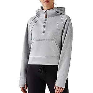 URBEST Women's Hoodies Fleece Lined Collar Pullover Half Zipper Sweatshirts Long Sleeve Crop Sweater Tops with Thumb Hole LIGHT GREY S