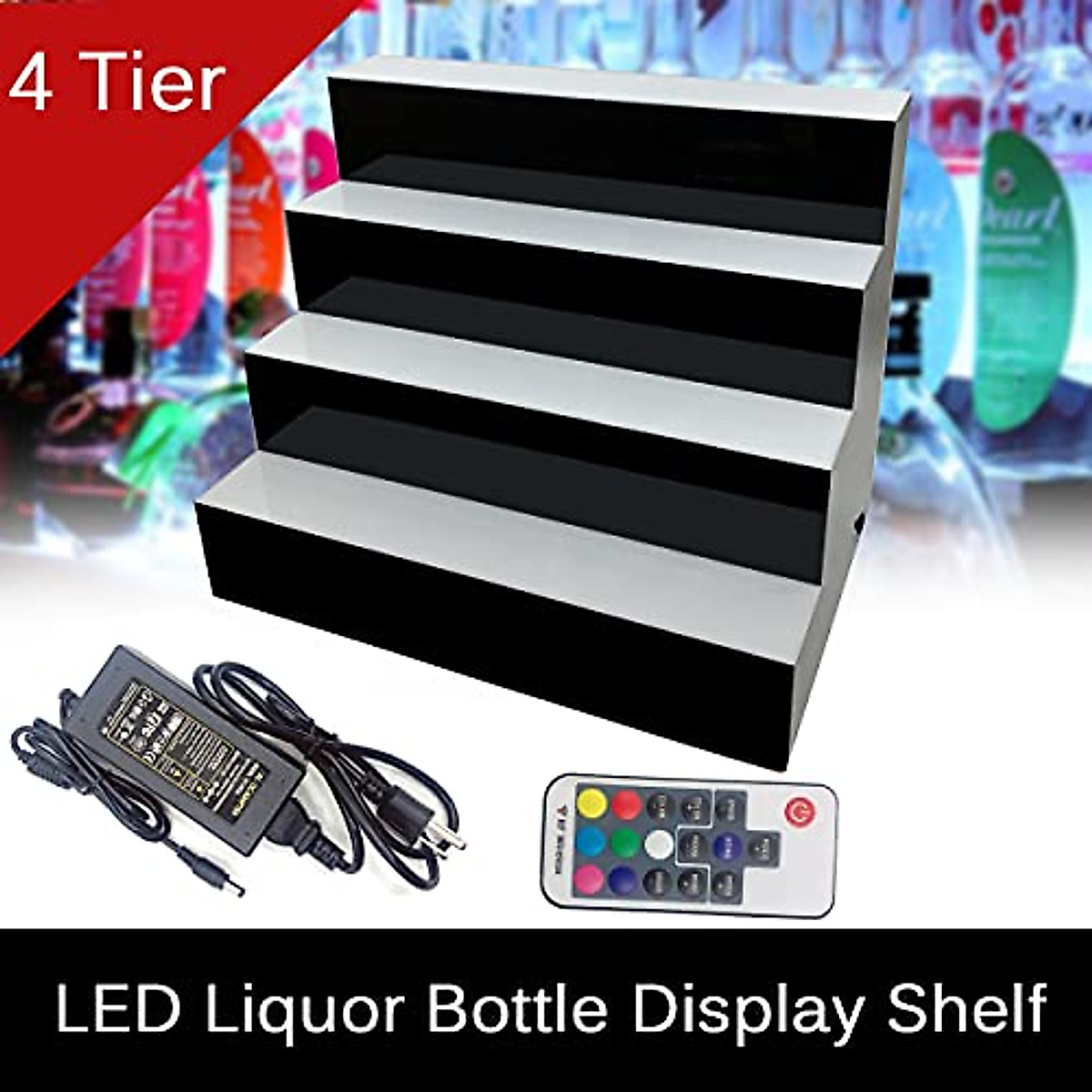 Cozyel 24 Inch 4 Step LED Lighted Liquor Bottle Display Illuminated Liquor Bottle Bar Display Stand LED Display Shelf 4 Tier Home Commercial Bar Drinks Lighting Shelves with Remote Control