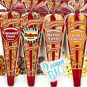 Popcornopolis Gourmet Popcorn – Premium Pack of 4 Popcorn Mini Cones & Exclusive Inspirational Sticker! Small Storage Space Friendly & Great Stocking Stuffers!
