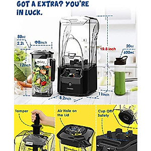 CRANDDI Quiet Commercial Blender with Soundproof Shield, 2200 Watt Professional Blenders for Kitchen with 80oz Jar and Self-Cleaning, High-Speed Blenders K90 Black