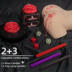 Red Rose Flower Scented Candle Set of 5, 2 Rose Shapes + 3 Long Low Temperature Candles, Romantic Ambiance Wax Play Candles for Date Night Romantic Wax Play Couple Wedding Anniversary Candles