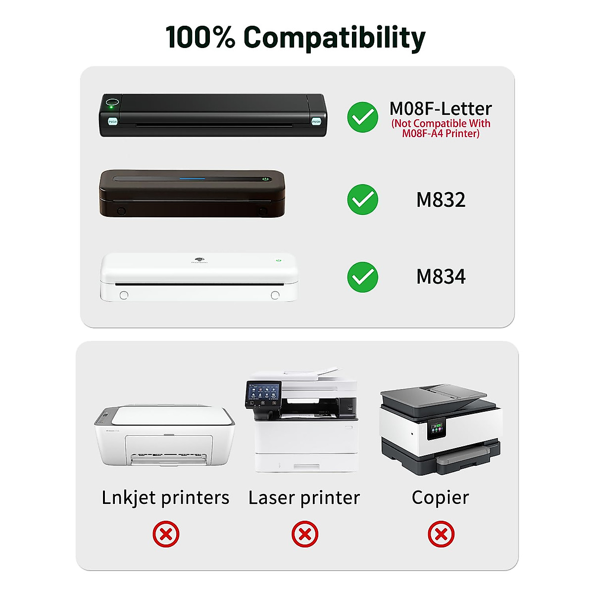 Phomemo US Letter Thermal Paper, Advanced Thermal Printing, Phomemo Thermal Paper for M08F-Letter, Brother PocketJet PJ762/PJ763MFi, HPRT MT800/MT800Q Printer, Size 8.5" x 11", 100 Sheets