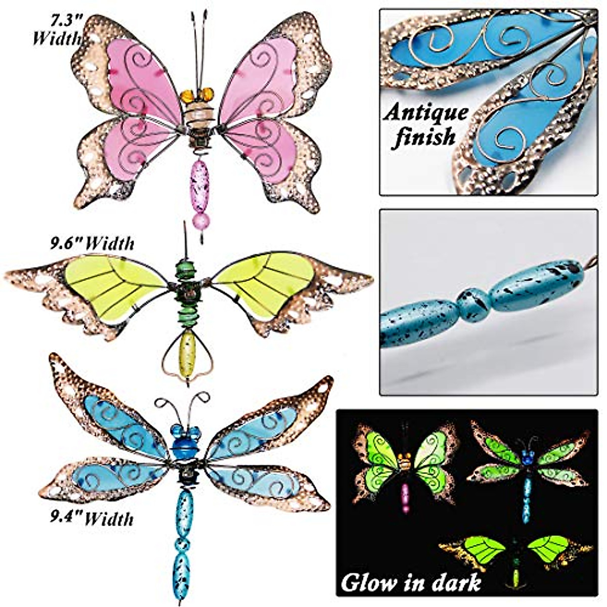 Juegoal 34 Inch Butterfly Garden Stakes Decor, Dragonfly Hummingbird Stakes, Glow in Dark Metal Yard Art for Mom, Mothers Day Ideal Gifts, Indoor Outdoor Lawn Pathway Patio Ornaments, Set of 3