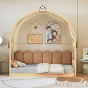 Polibi Twin Size Extended Bed with Arched Canopy, Trundle and Light Strip, Wooden Canopy Bed with Whiteboard (Natural)