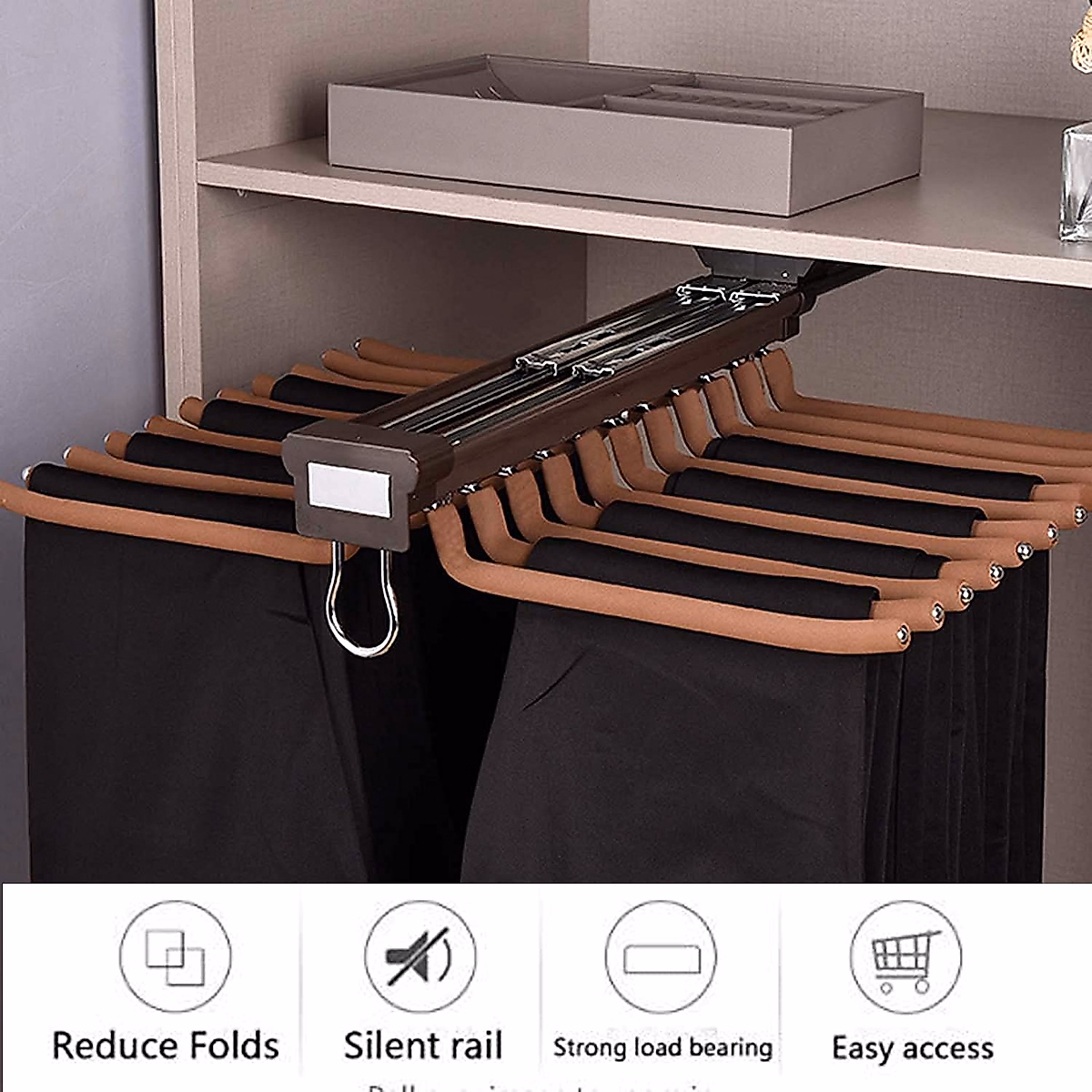 MYOYAY Pull Out Trousers Rack 22 Arms Steel Pull Out Pants Rack Pants Hanger Bar Clothes Organizers for Closet for Space Saving and Storage Maximum Load 33lbs Beige 23.4x18x5.7inch