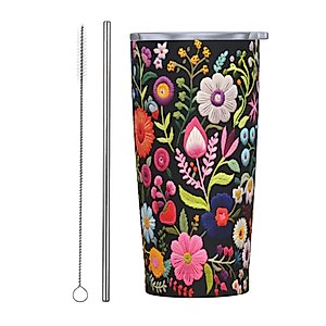 AYCZN Embroidered Flower Insulated Tumbler with Lid and Straw, Spring Floral Stainless Steel Coffee Mug 20oz Water Bottle Leakproof Travel Thermal Cup