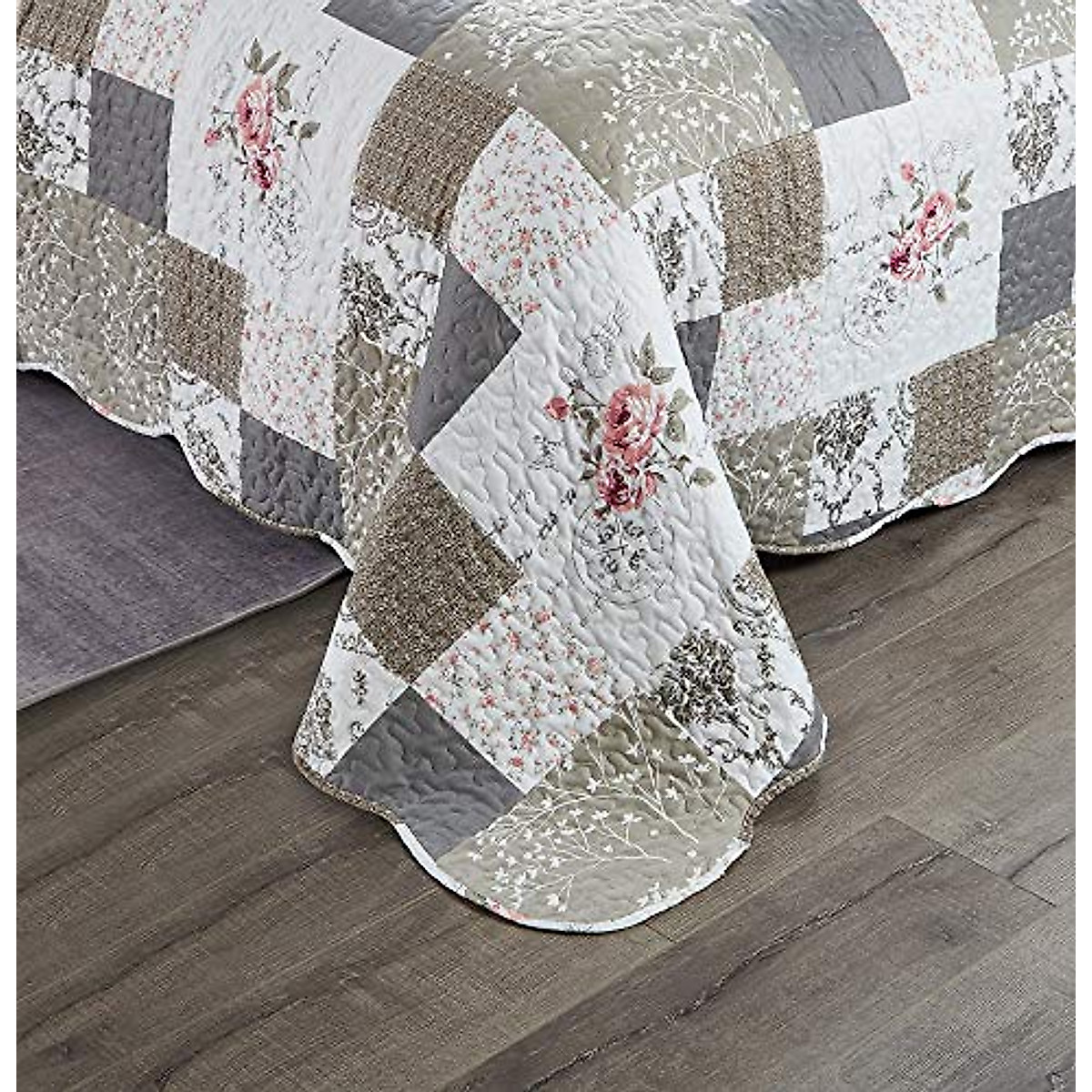 Brilliant Sunshine Roses and Toile Quilt Set, 2-Piece Bedding Sets with 1 Sham, Patchwork Design, Washable and Reversible Bedspread, Soft Lightweight Coverlet, All-Season, Twin/Twin XL, Rose Grey