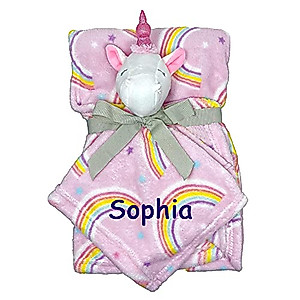Little Mimos Personalized Rainbow Unicorn Baby Blanket Set - Matching Animal Character Snuggler Blankets with Custom Name