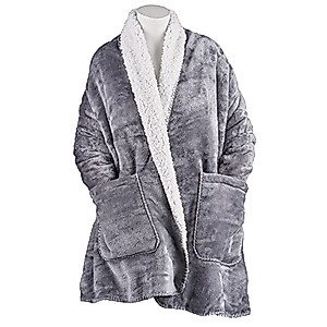 FLORIANA Womens Wearable Throw Blanket-Gray Fleece Cape, TV Blanket