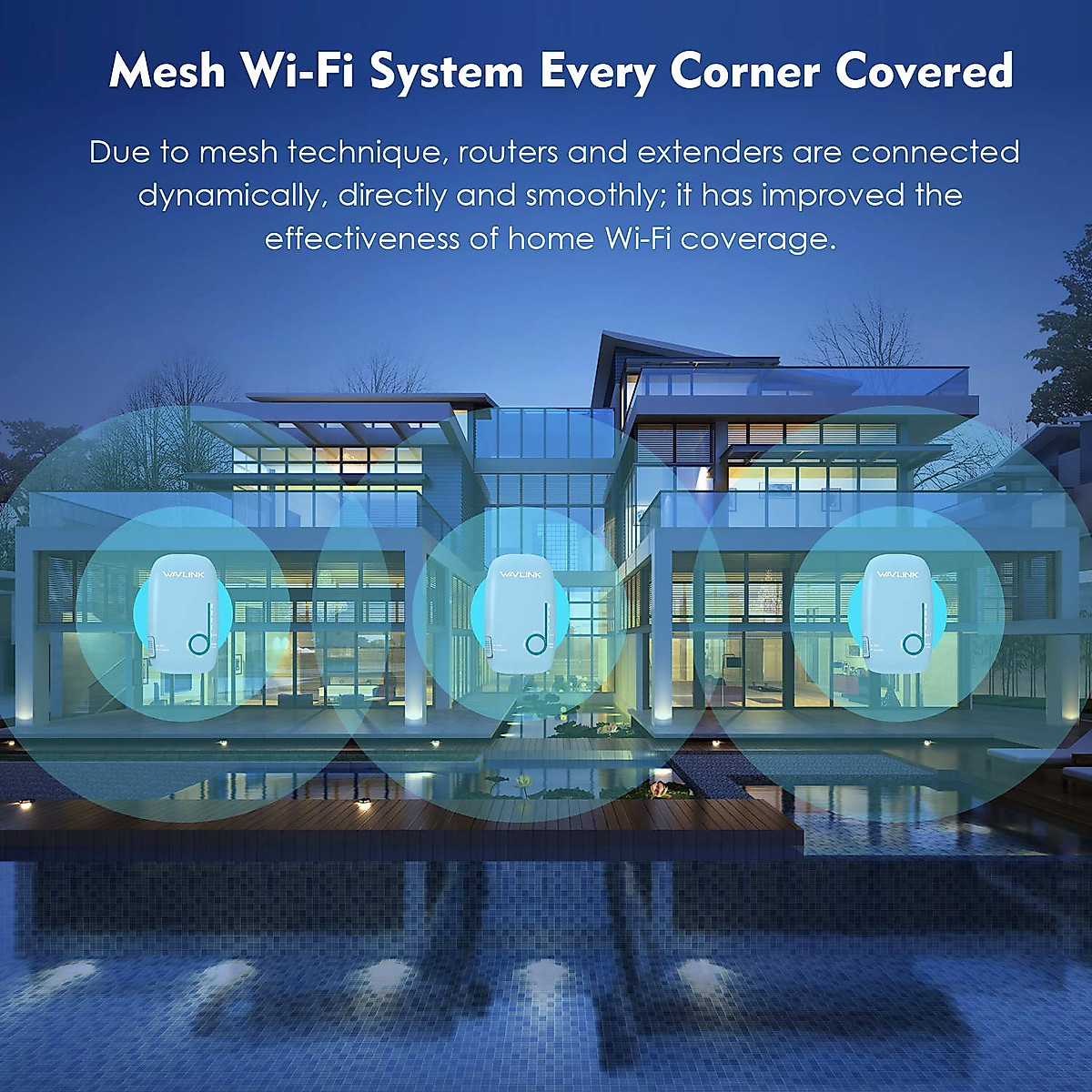 WAVLINK Mesh WiFi System, Dual-Band Gigabit Mesh WiFi Extenders, Up to 4500 Sq.ft., Wall-Mounted Smart Whole Home Wi-Fi Routers with Snooze Light, Built in 4 Antennas. (3-Pack)