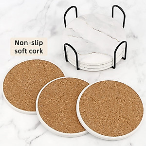 BUYAOBL Absorbent Coasters with Holder, Absorbent Coasters Set 6 Pcs, White Marble Ceramic Agate Drink Coaster Cork Base Cup Coaster for Coffee Table, Housewarming Gift for Women, 4 Inches