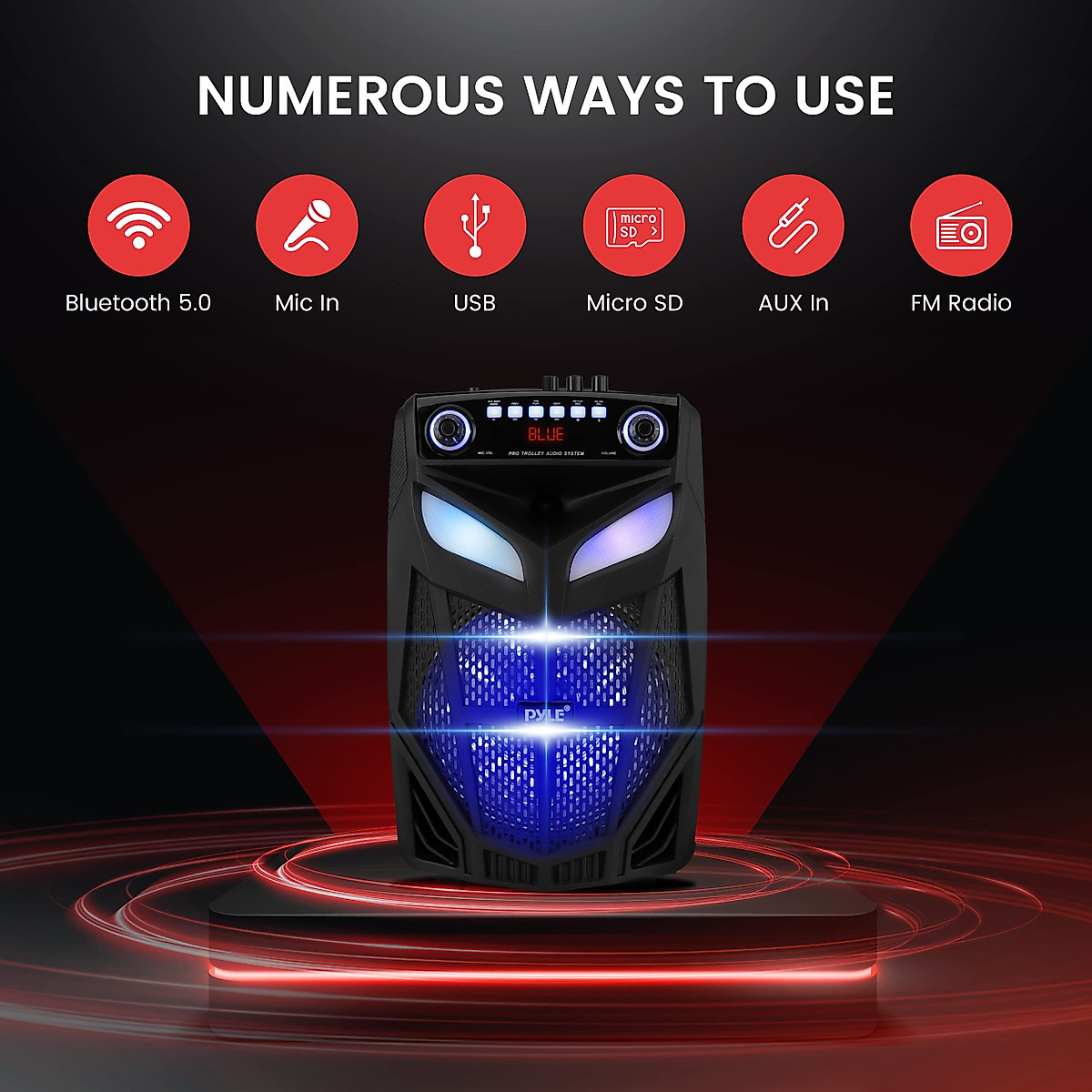 Pyle Portable Bluetooth PA Speaker System-600W 10” Indoor/Outdoor BT Speaker-Includes 2 Wireless Microphones, Party Lights, USB SD Card Reader, FM Radio, Rolling Wheels-Remote Control PPHP101WMB