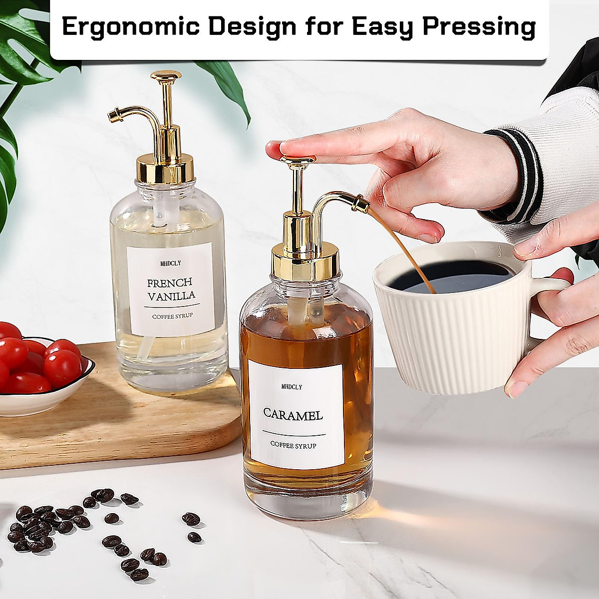 MHDCLY Coffee Bar Accessories, Coffee Syrup Dispenser - 4pack,16.9oz Syrup Dispenser with Labels,Syrup Pump Dispenser for Coffee Bar(Gold pump)