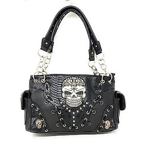 western rhinestone skull concho stitched handbag purse set (black)
