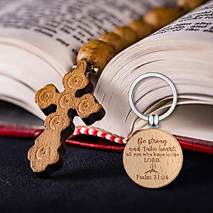 Siifert 50 Sets Christian Gifts Set Include Wooden Bible Verse Keychain Inspirational Scripture Cards with Bible Verses and White Organza Bags for Men Women Office School Church Supplies (Round)