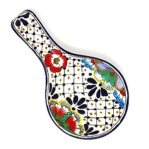 Handmade Pottery Spoon Rest, Dots & Flowers Encantada