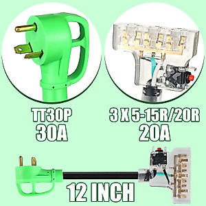 Kingdder 30 Amp to 110V RV Distribution Adapter Cord Generator Adapter 10 Gauge 12 Inch TT-30P Male to 3X 5-20R Female Household Connectors with Overload Protection and Indicator Light for RV