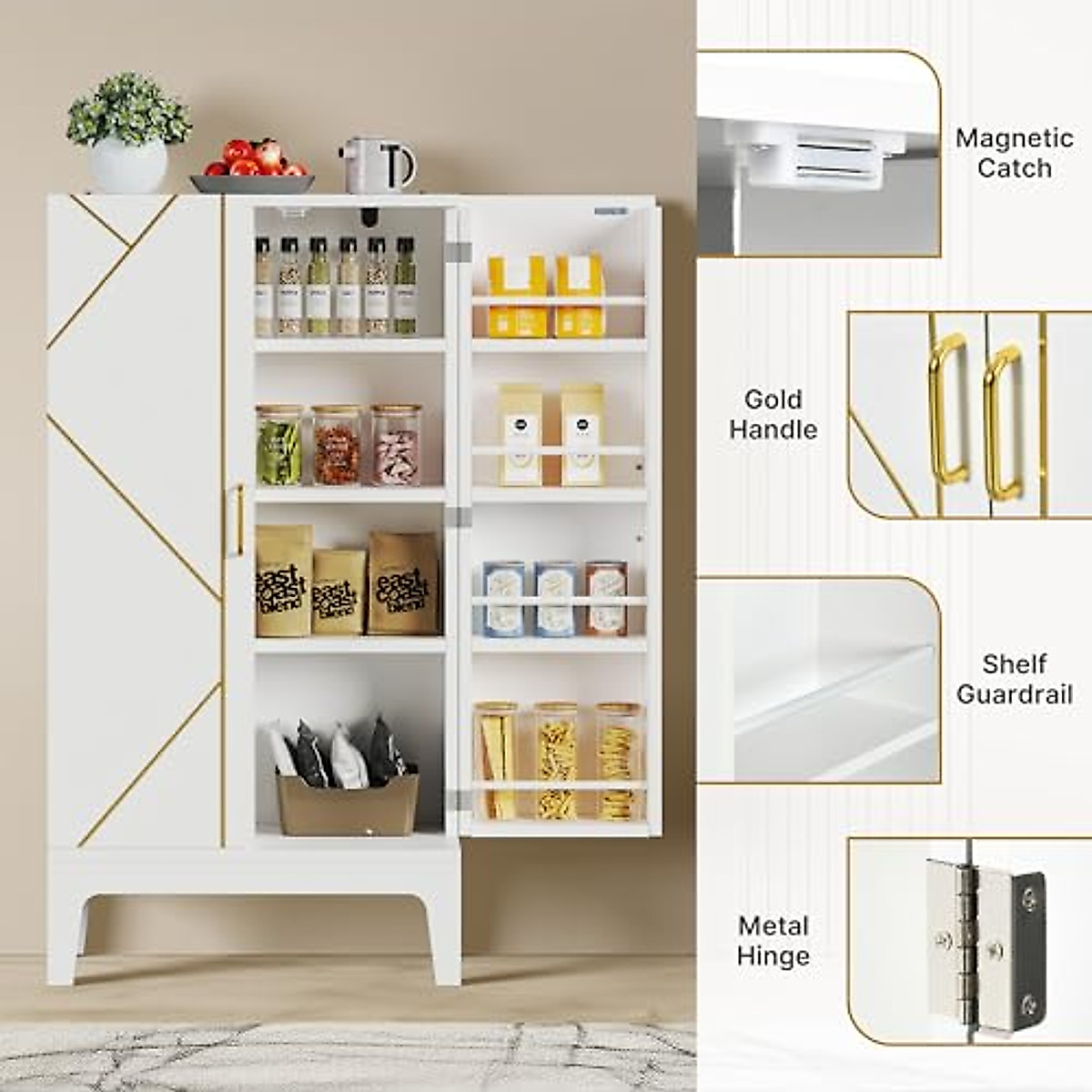 DWVO 43" Kitchen Pantry Storage Cabinet, Pantry Cabinet with Doors and Shelves, Buffet Cupboards Sideboard for Kitchen，Living Room and Dining Room, White