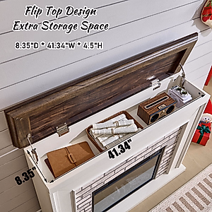 Aitjunz 45" Flip Top Electric Fireplace with Mantel, Electric Fireplace Heater, TV Stand with Freestanding Electric Fireplace, Remote Control, Adjustable Flame Level for Living Room (White)