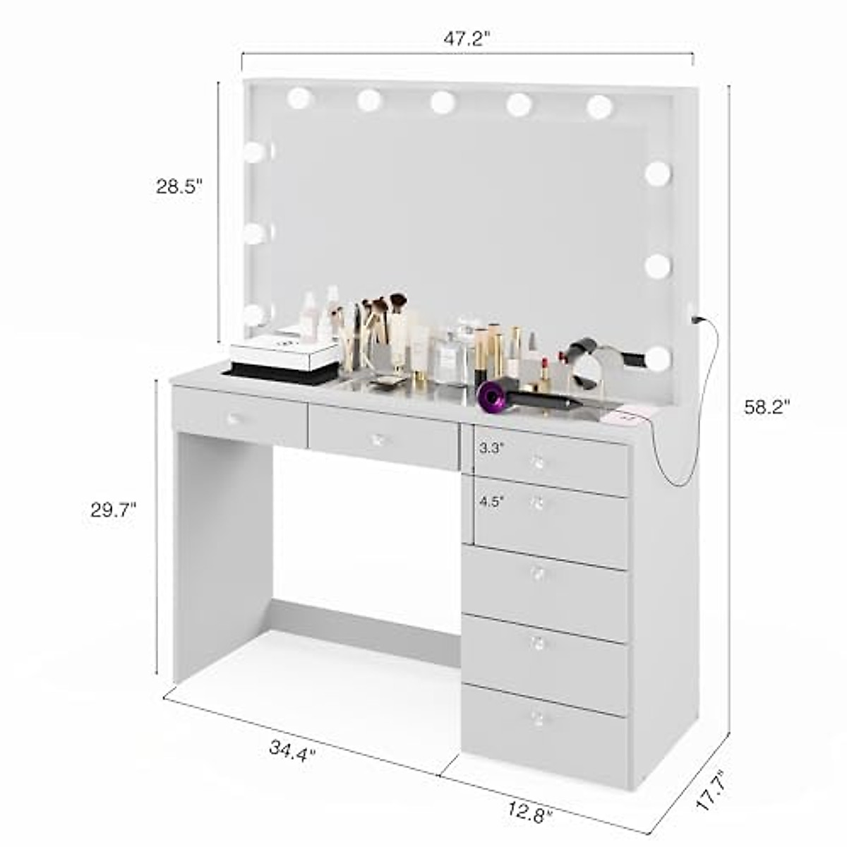 Boahaus Serena Modern Makeup Vanity with Hollywood Light Bulbs Add-On, 7 Drawers, Wide Mirror, Glam Glass Top for Bedroom