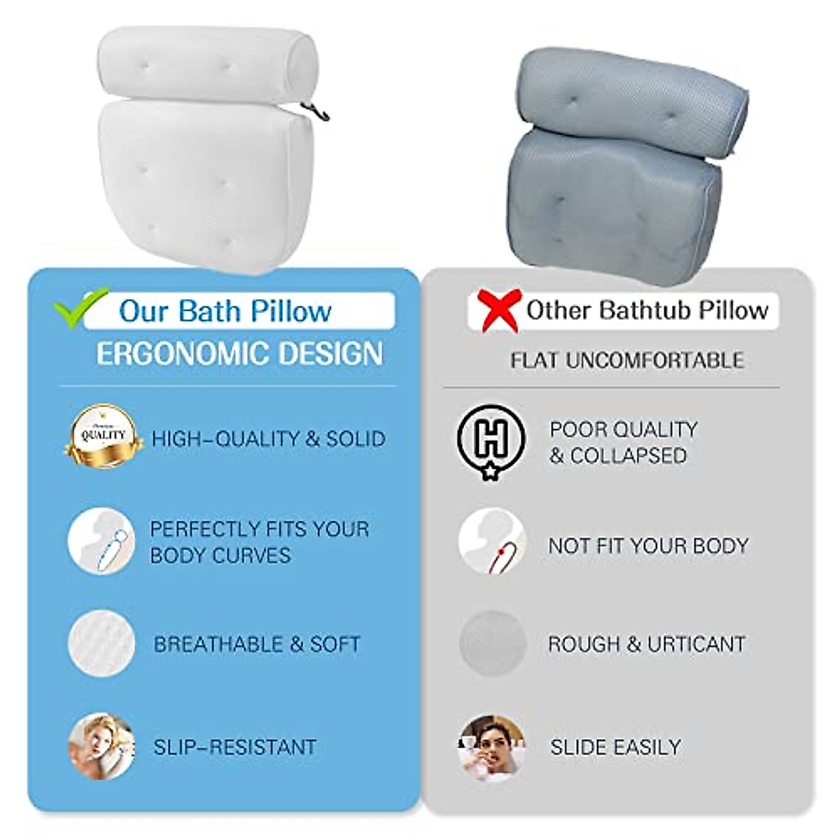 Idle Hippo Bath Pillow Bathtub Pillow, Bath Pillows for Tub Neck and Back Support with 6 Non-Slip Suction Cups, Ergonomic Bath Tub Pillow Headrest, Luxury Bath Accessory Spa Gifts for Bathtub, Hot Tub