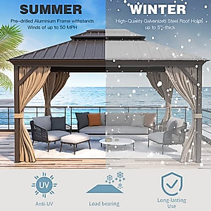 EROMMY 12' x 14' Hardtop Gazebo, Galvanized Steel Double Roof Canopy with Aluminum Frame, Permanent Metal Pavilion with Netting and Shaded Curtains for Patio, Backyard, Deck and Lawns