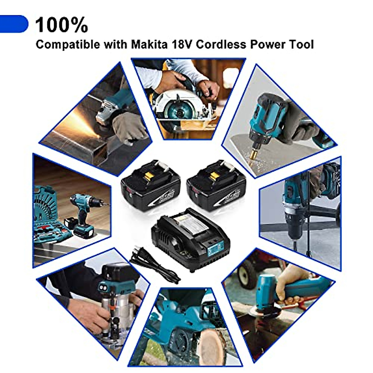 【18 Volt 6.0Ah BL1860B】 2Packs Replacement Battery and Charger for Makita 18V Battery Lithium BL1860 BL1850 BL1845 BL1840 BL1830 BL1820 BL1815 BL1860B Battery + 1 Charger for Makita 14.4v-18V Battery