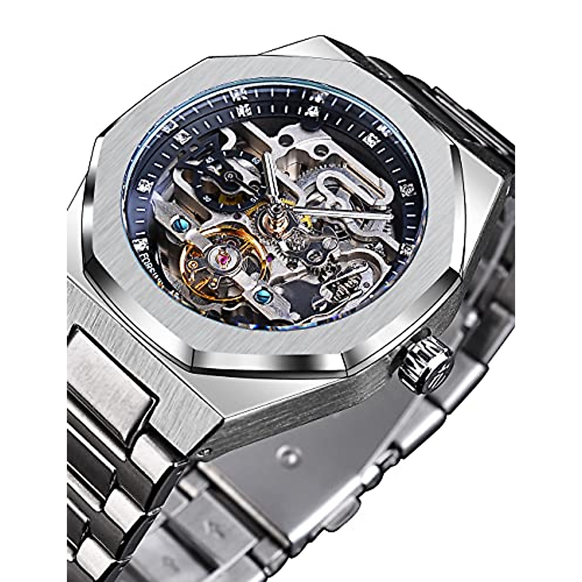 FORSINING Automatic Watch Mechanical Wrist Watch for Men Octagonal Waterproof Skeleton Watches Luxury Diamond Tourbillon Silver Stainless Steel Band