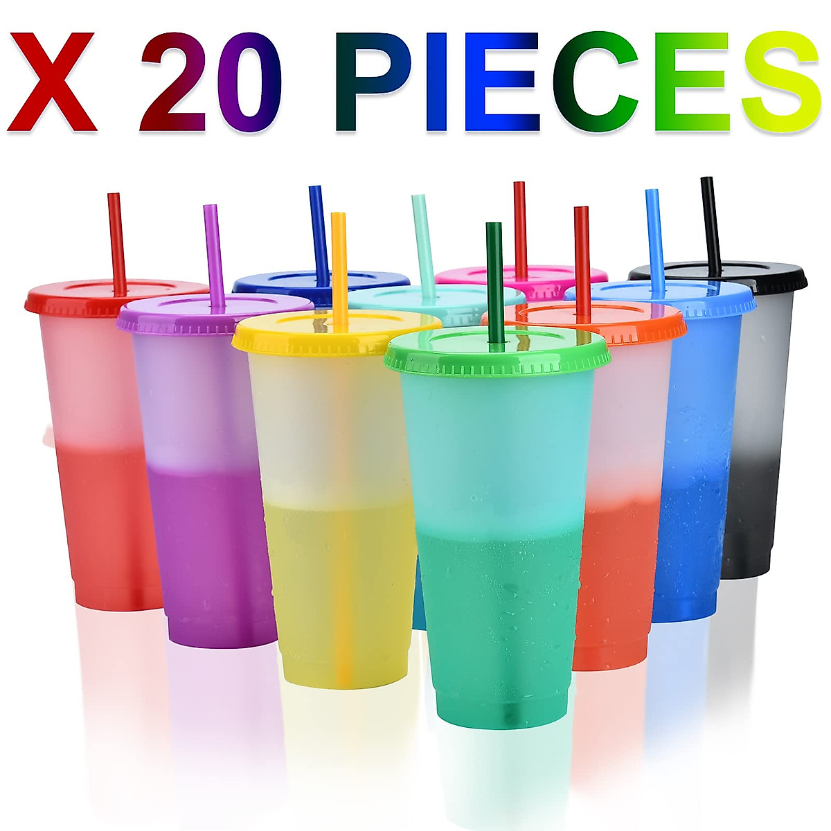 20 Pack Color Changing Cups with Lids and Straws 24 oz Reusable Cups Bulk Tumblers Color Changing Tumbler Cold Cups with Lids Plastic Tumblers Tall Iced Cold Coffee Cups Party Cups for Kids Adults