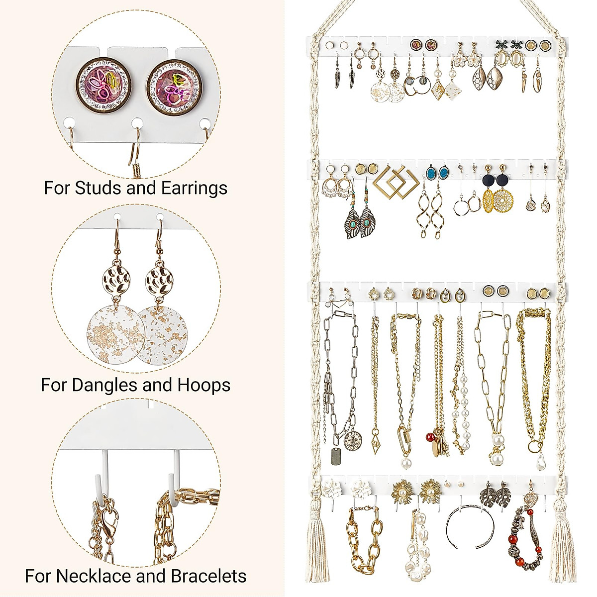 Mkono Hanging Jewelry Organizer Macrame Necklace Holder Wall Mounted Jewelry Hanger Earring Holder Organizer Boho Decor Over Door Jewelry Display Necklace Rack for Necklaces Bracelets Earrings