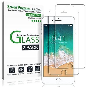 amFilm Screen Protector for Apple iPhone 8 Plus, 7 Plus, 6S Plus, 6 Plus, Tempered Glass, 2 Pack