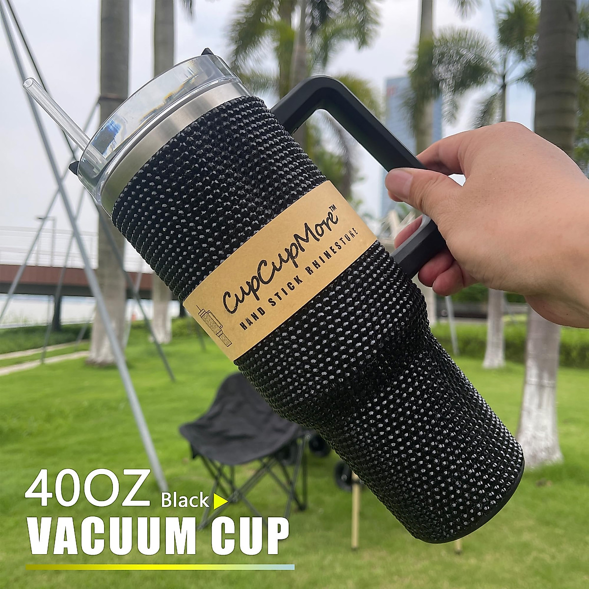 Cupcupmore 40oz Black Bling Rhinestone Stainless Steel Sippy Tumbler Glitter Vacuum Insulated Water Bottle with Straw & Lid &Handle,Thermos for Hot & Cold Drinks,Car Cup Holder,Coffee